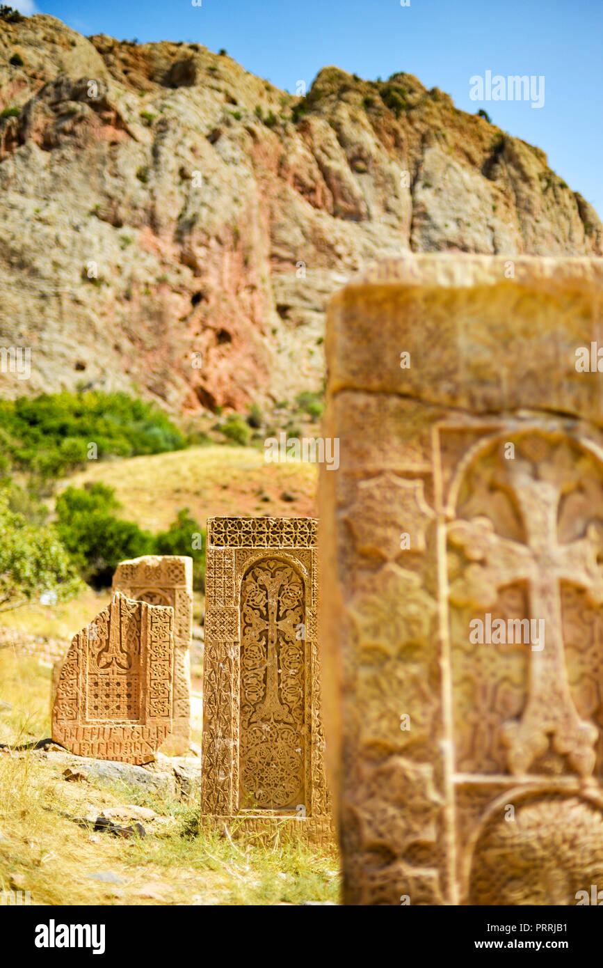 Khachkar (Armenian cross stones) in the grounds of Noravank Monastery ...
