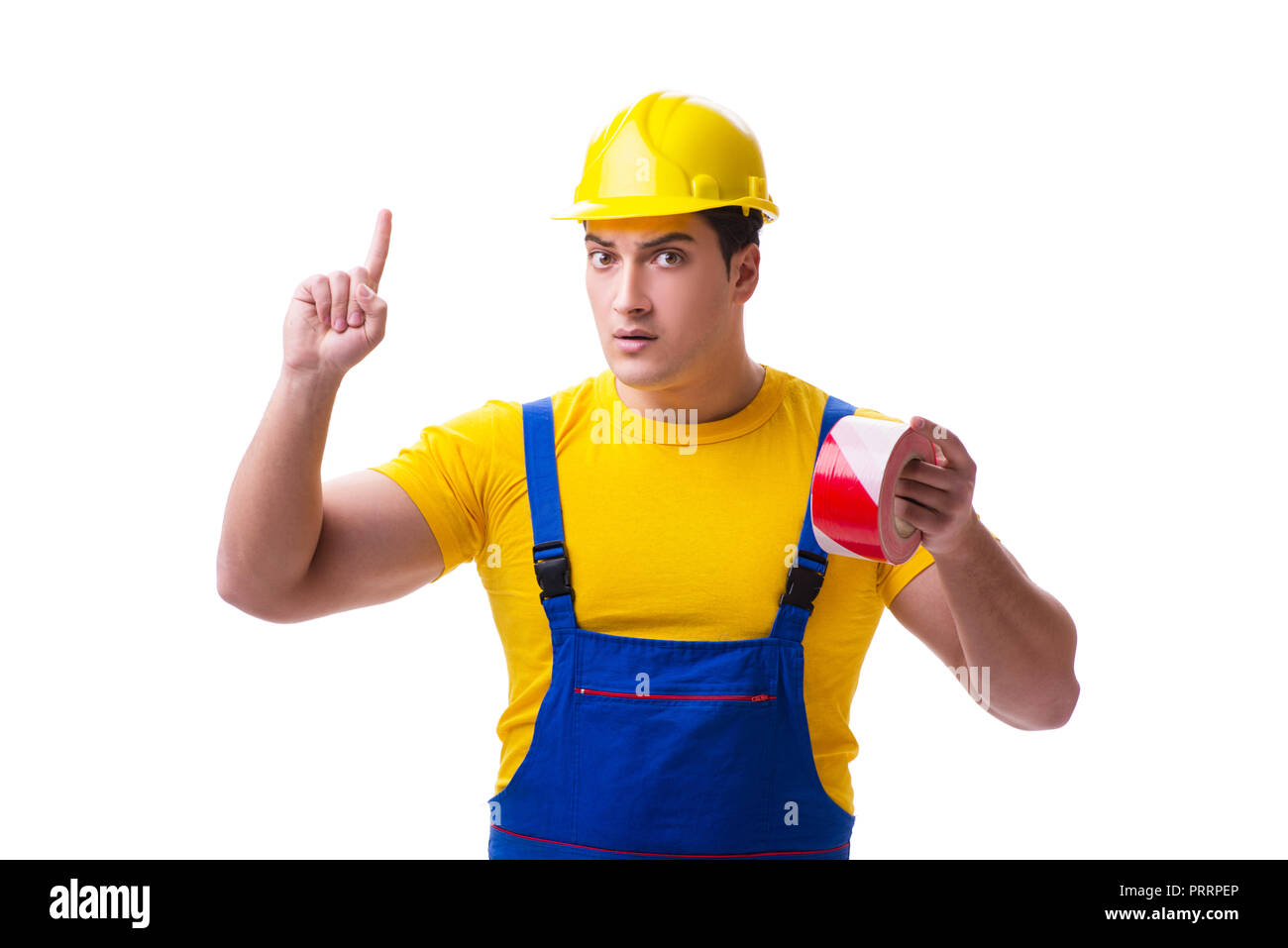 Funny worker wearing coveralls with tape Stock Photo - Alamy