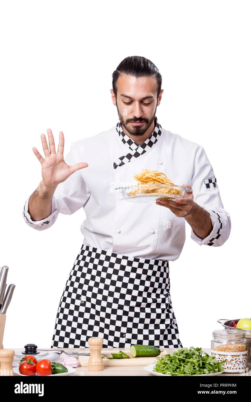 Funny male cook isolated on the white background Stock Photo - Alamy