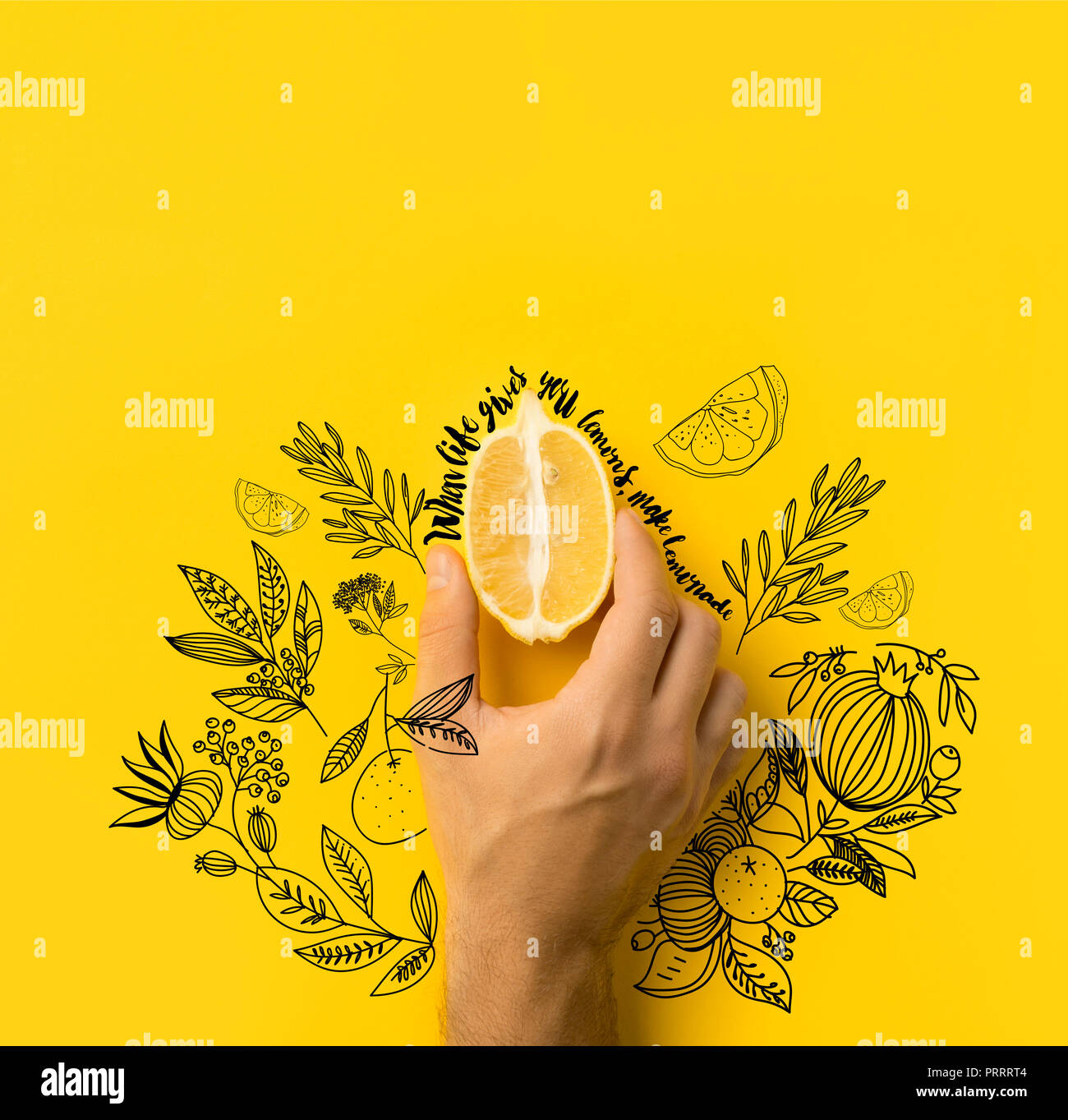 man holding half of lemon isolated on yellow with "when life gives you ...