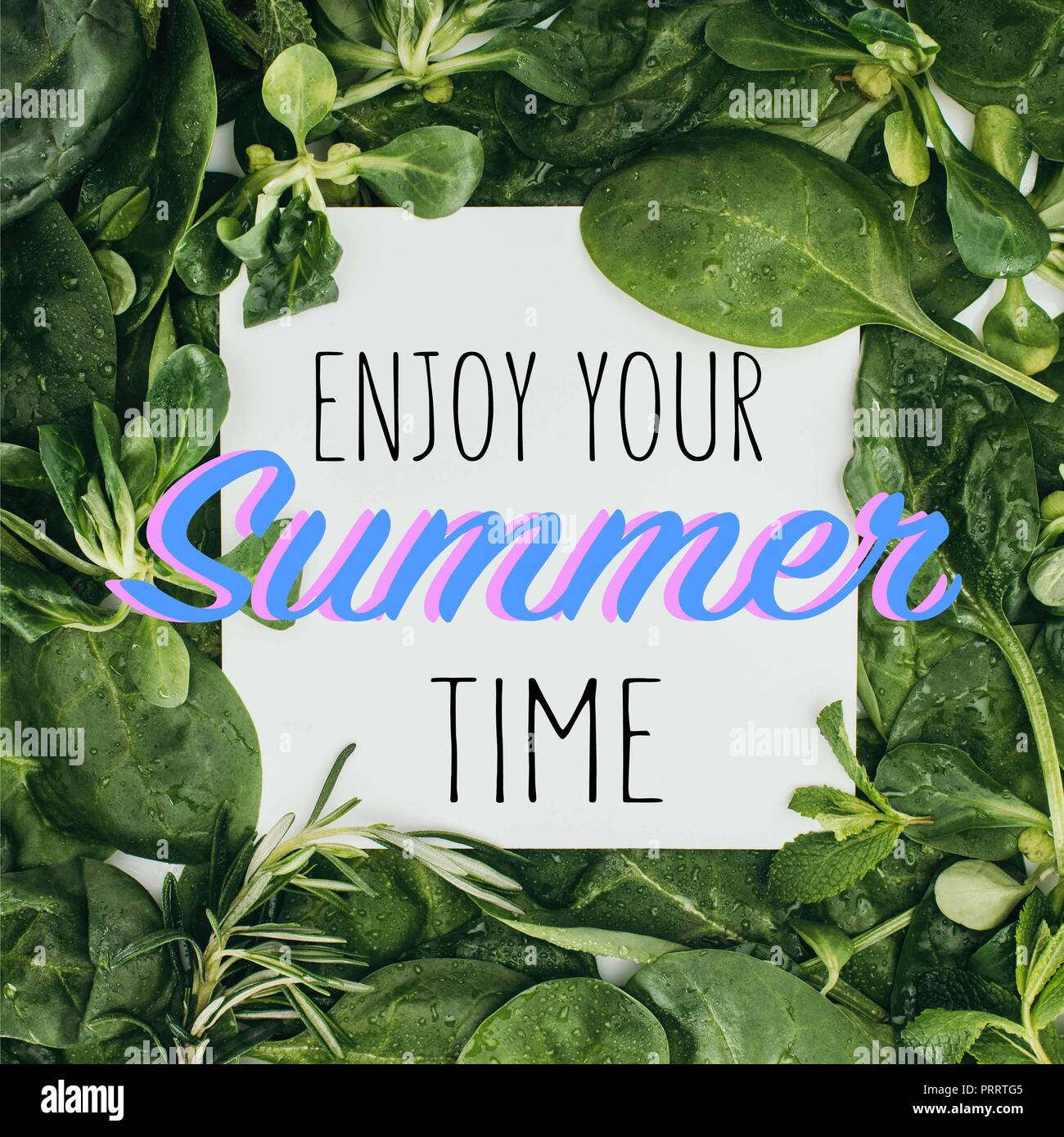 top view of white card with words Enjoy Your Summer Time and beautiful ...