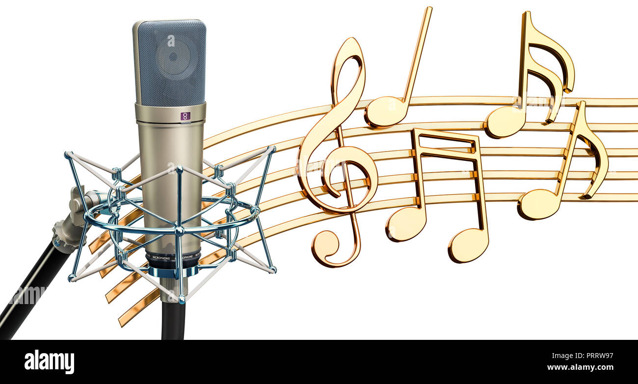 Musical concept. Studio microphone with music notes, 3d rendering ...
