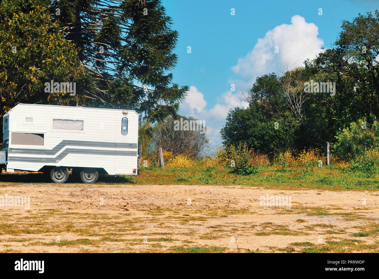 Holiday trip in motorhome. Camper Camping at meadow in Entre Rios ...