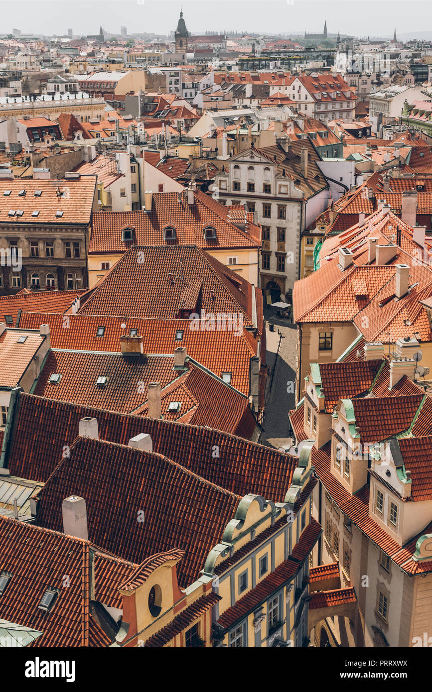 aerial view of beautiful old buildings and rooftops in prague, czech ...