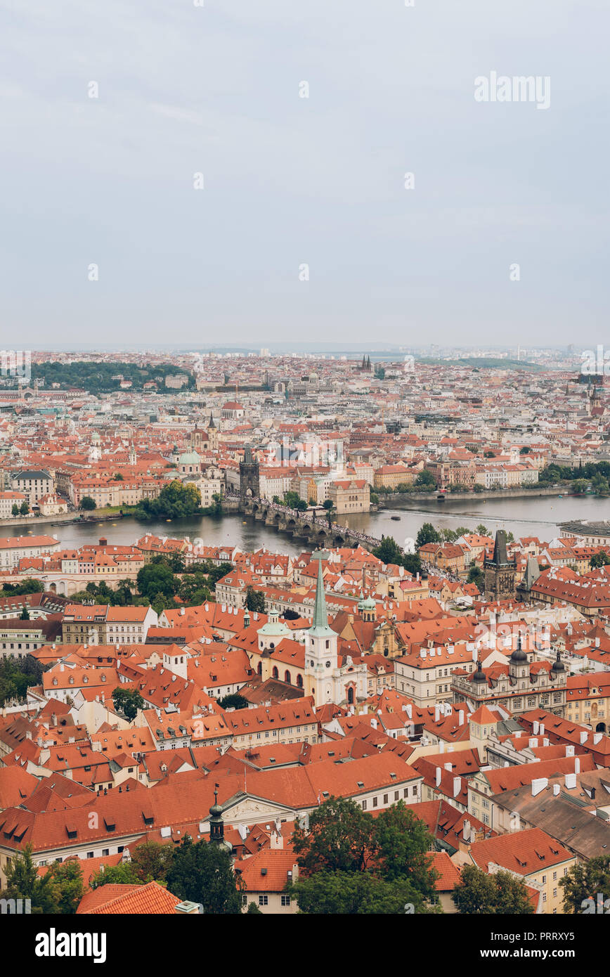 aerial view of beautiful prague cityscape with famous Charles Bridge and Vltava river Stock ...