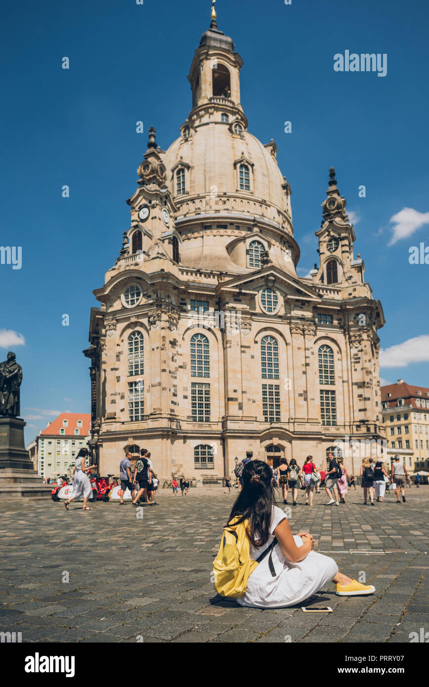 DRESDEN, GERMANY - JULY 24, 2018: people on square near Church of Our ...