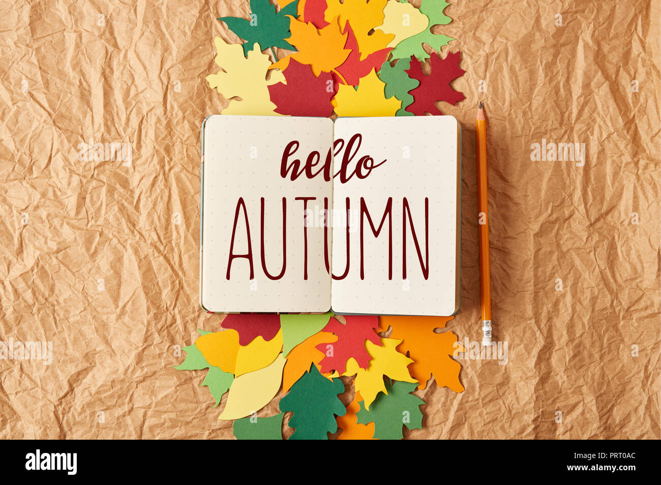flat lay with "hello autumn" inspiration in notebook, pencil and ...