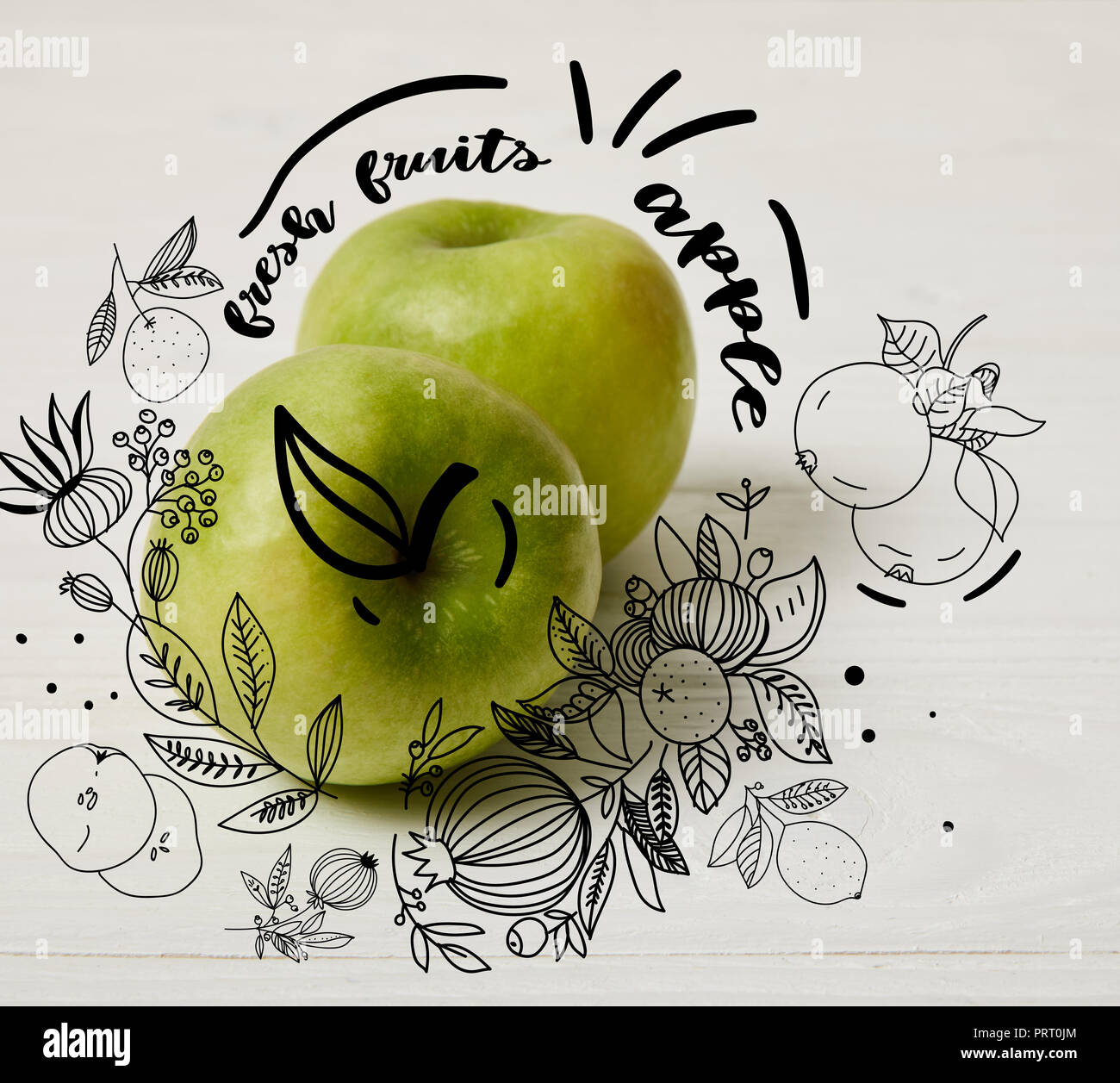 raw green apples on wooden background with floral illustration "Fresh ...