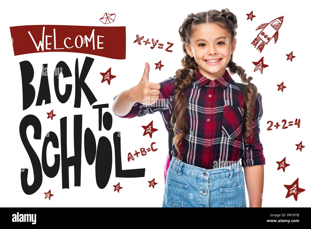 smiling schoolchild showing thumb up isolated on white, with "welcome ...