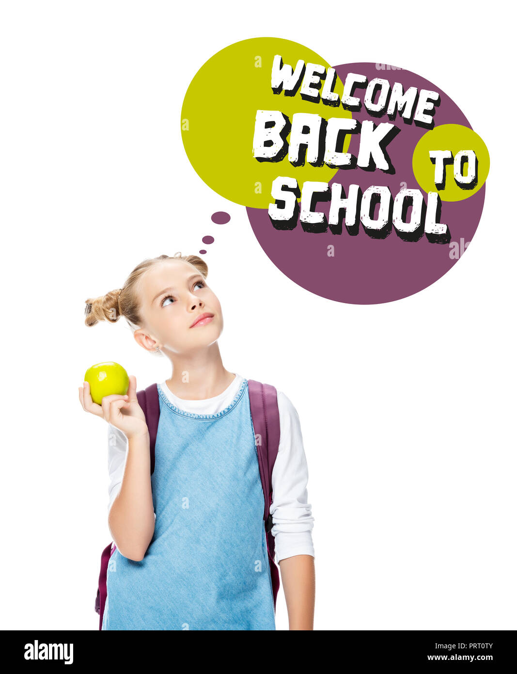 schoolchild holding apple and looking up at speech bubble with "welcome ...