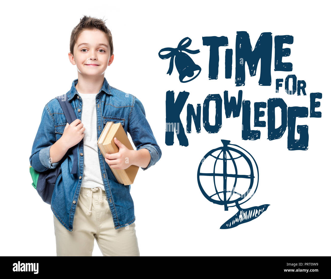 schoolboy holding backpack and books isolated on white, with globe and ...