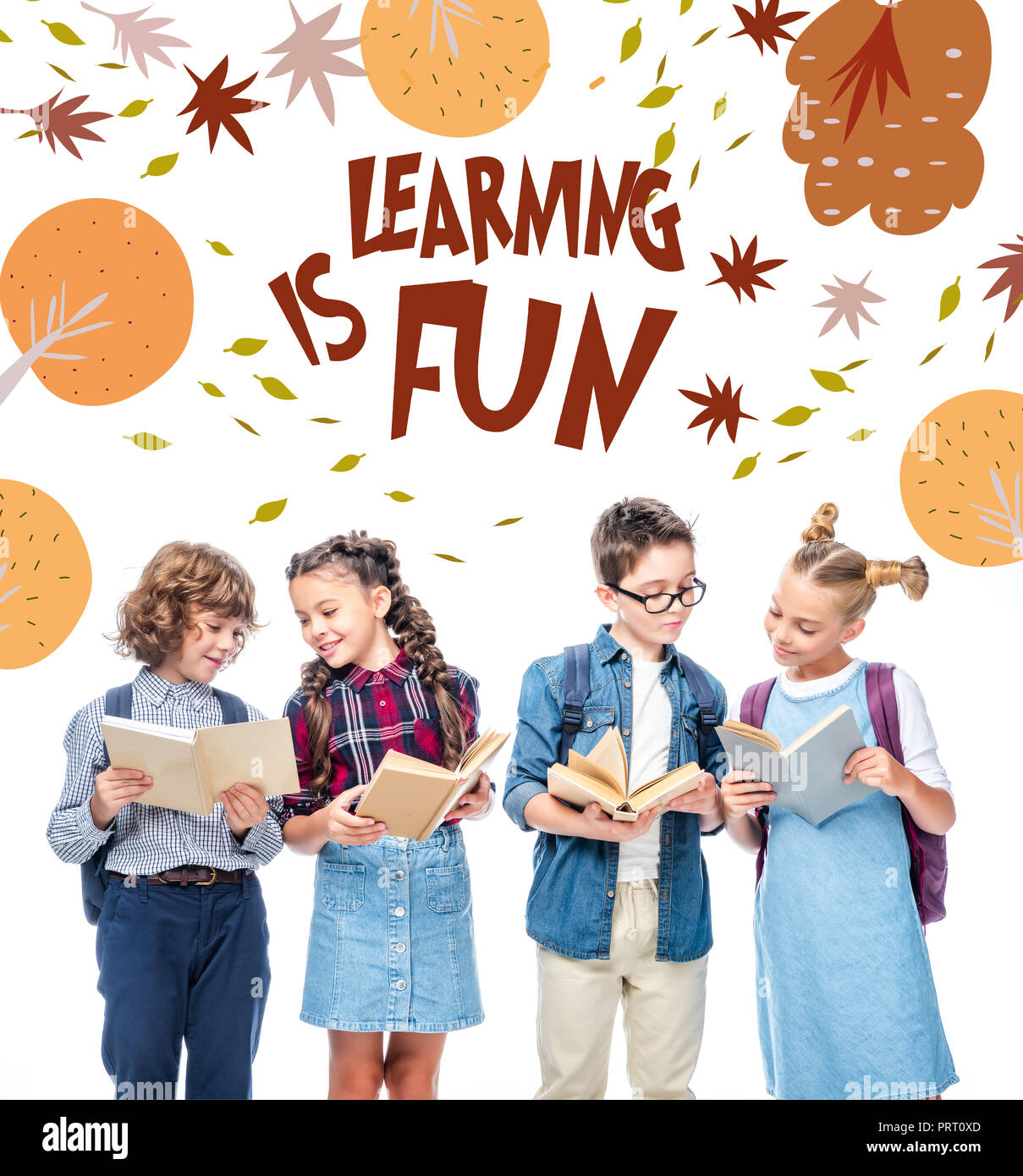 friends standing and reading books isolated on white, with "learning is ...