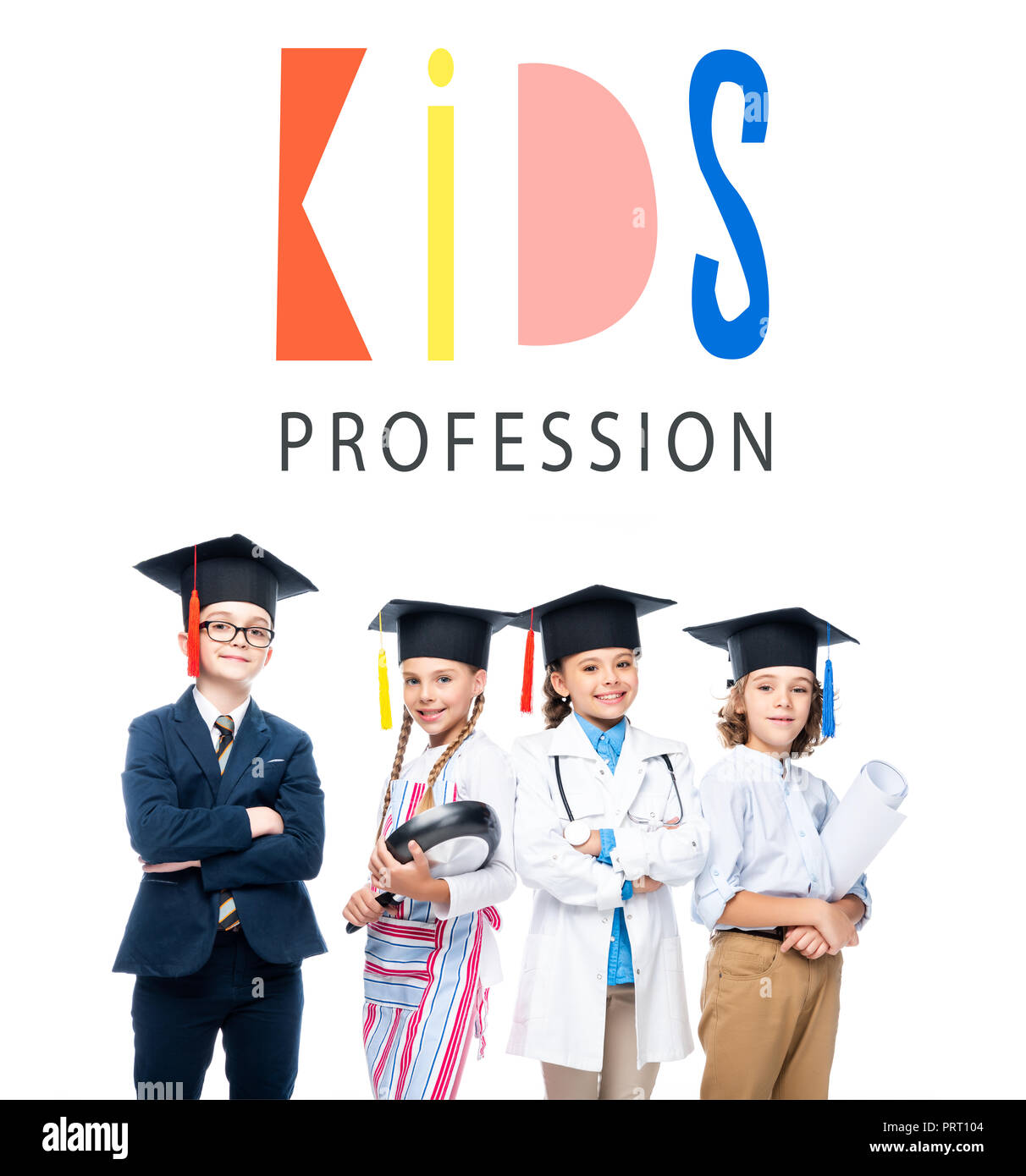 schoolchildren in costumes of different professions and graduation caps ...