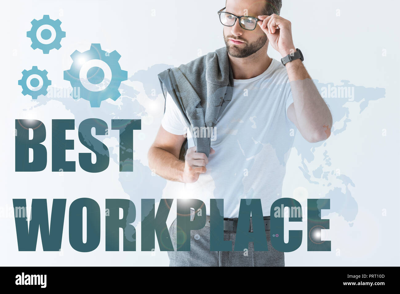 handsome bearded businessman isolated on white with "best workplace ...