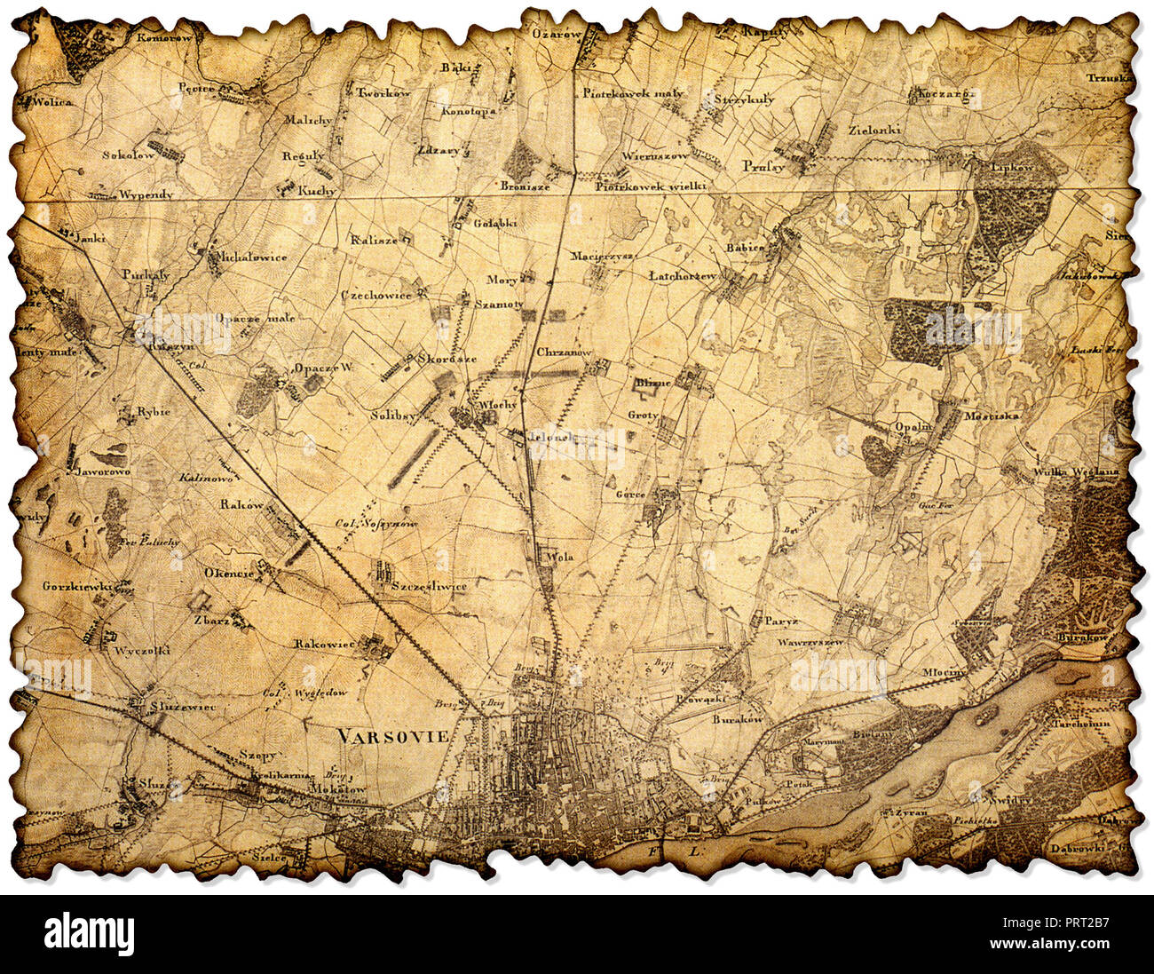 Yellowed and stained piece of old map on a white background, isolated ...