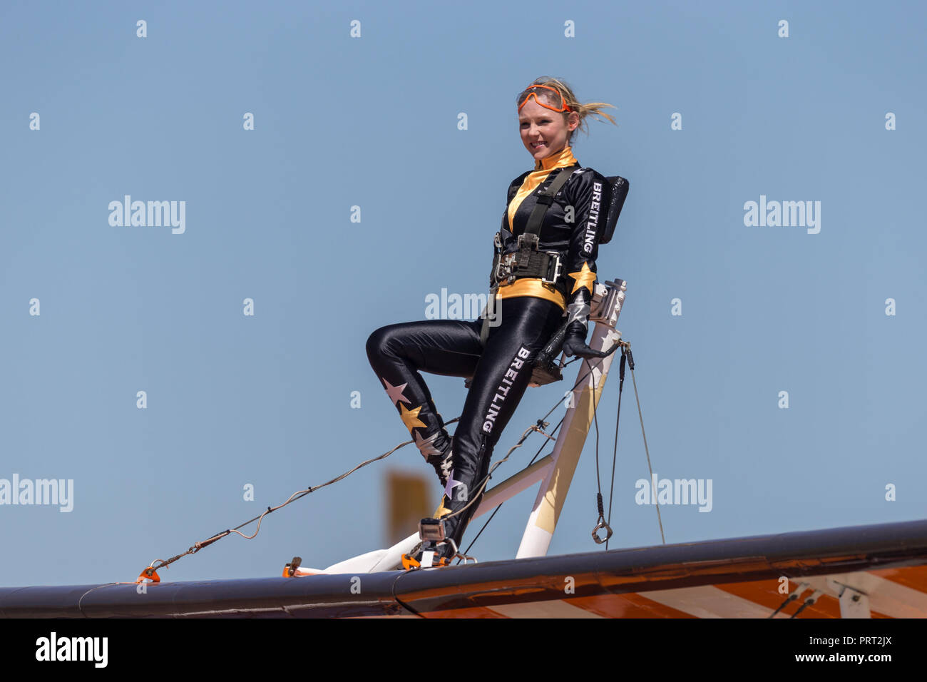 Breitling Wing Walker Freya Paterson on the wing of Boeing Stearman ...