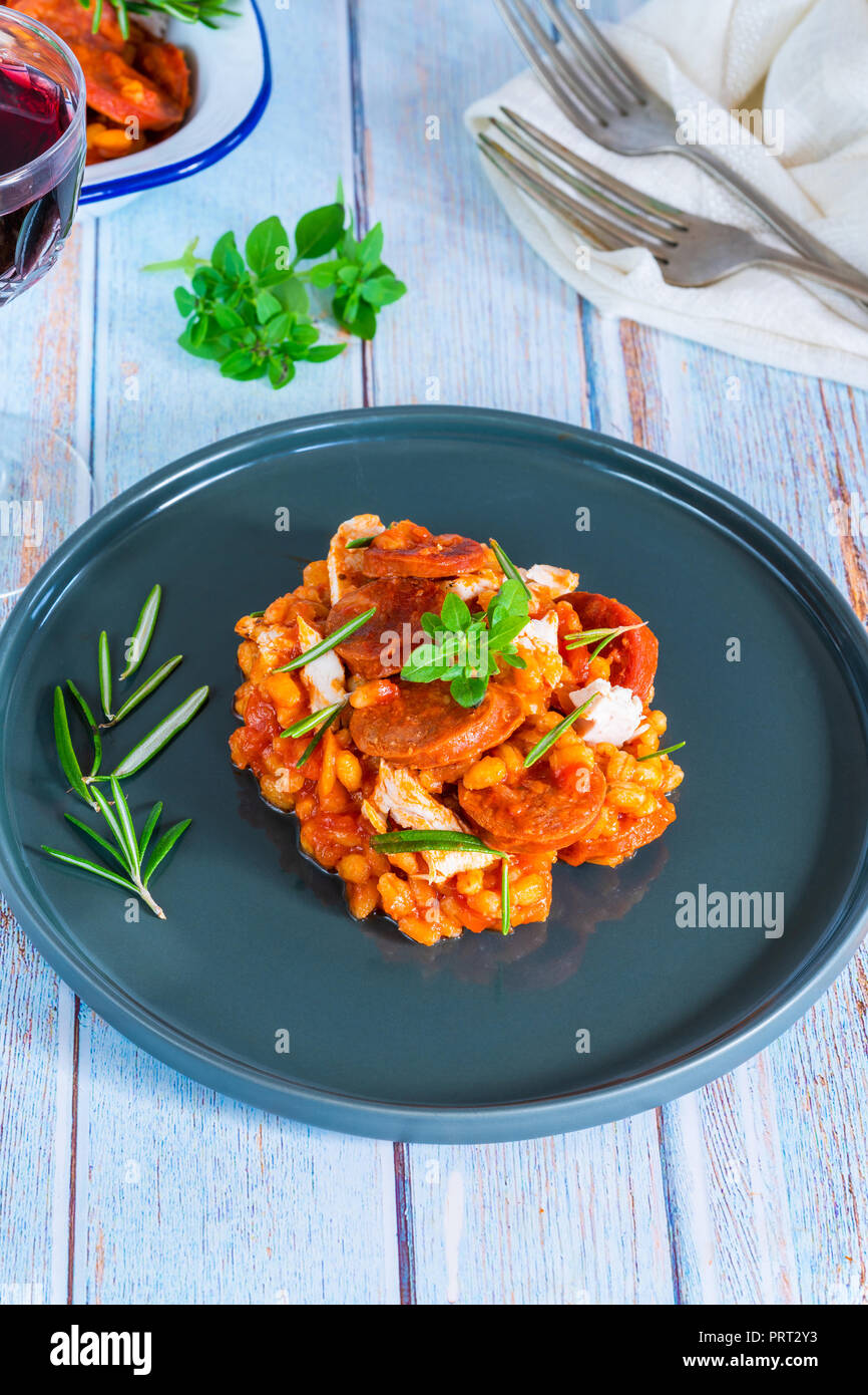 Chorizo, chicken and rosemary pearl barley risotto - top view Stock ...