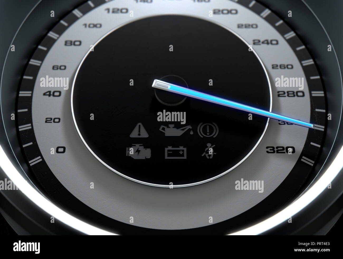 A sporty speedometer with a glowing blue needle pointing towards a high ...