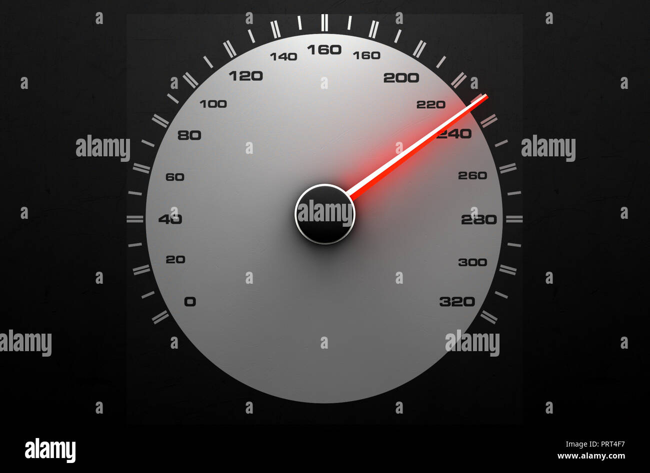 A sporty speedometer with a glowing orange needle pointing towards a ...