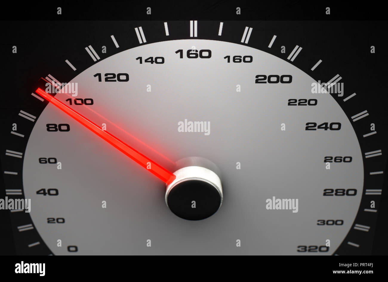 A sporty speedometer with a glowing orange needle pointing towards an ...