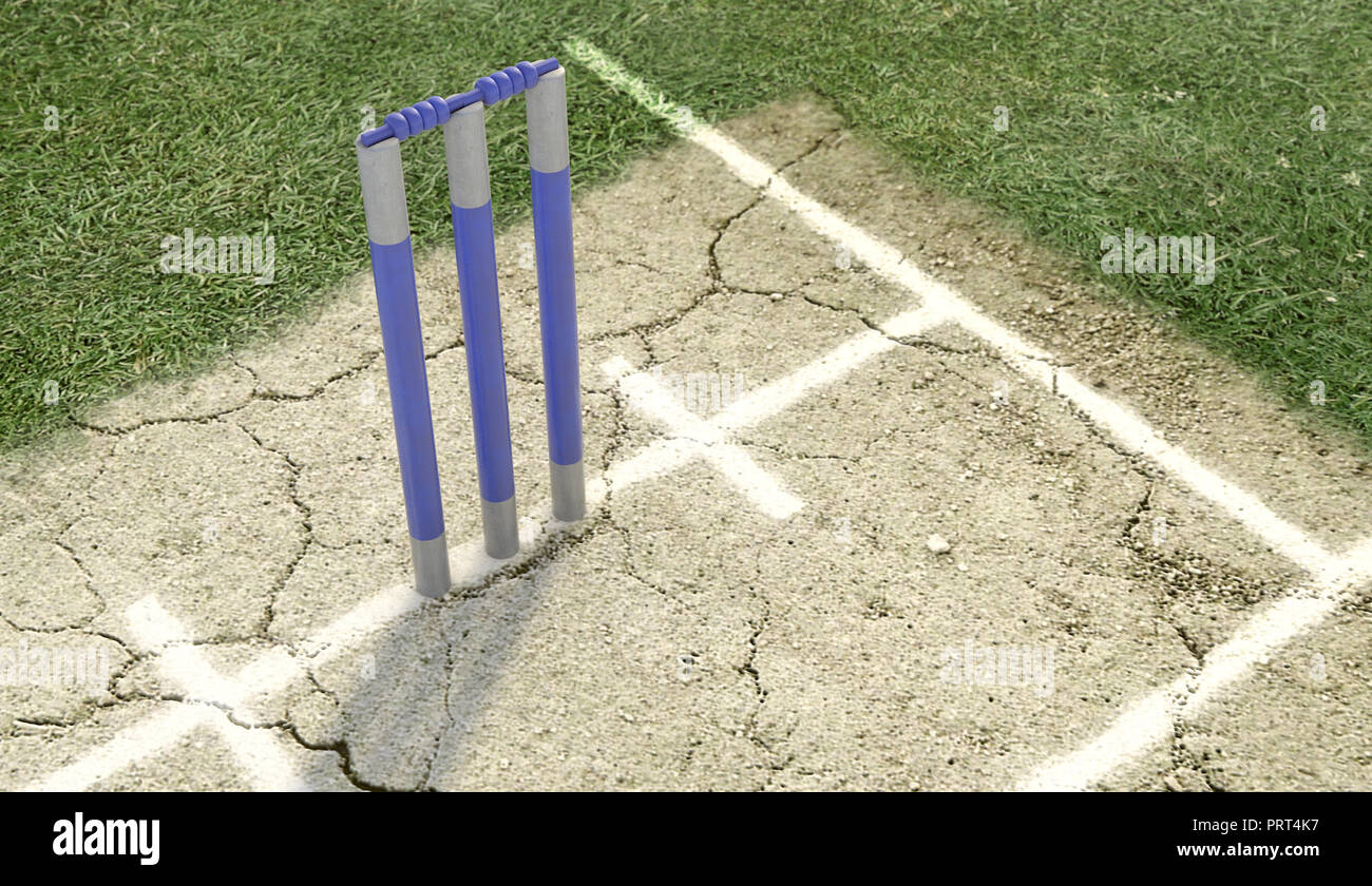 A set of blue cricket wickets on a cracked grass pitch background - 3D ...
