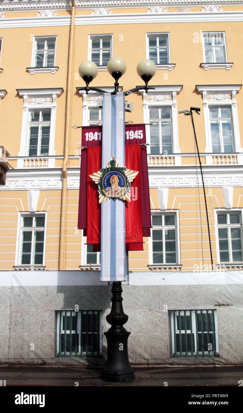 Russian regalia remembering the Second World War, adorns a lamppost in ...