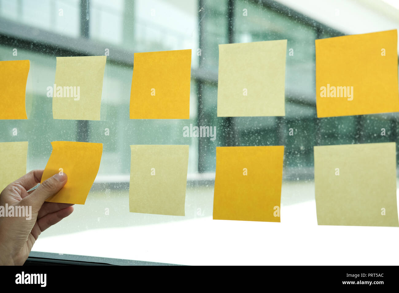 hand hold adhesive notes on glass wall at workplace. Sticky note paper ...