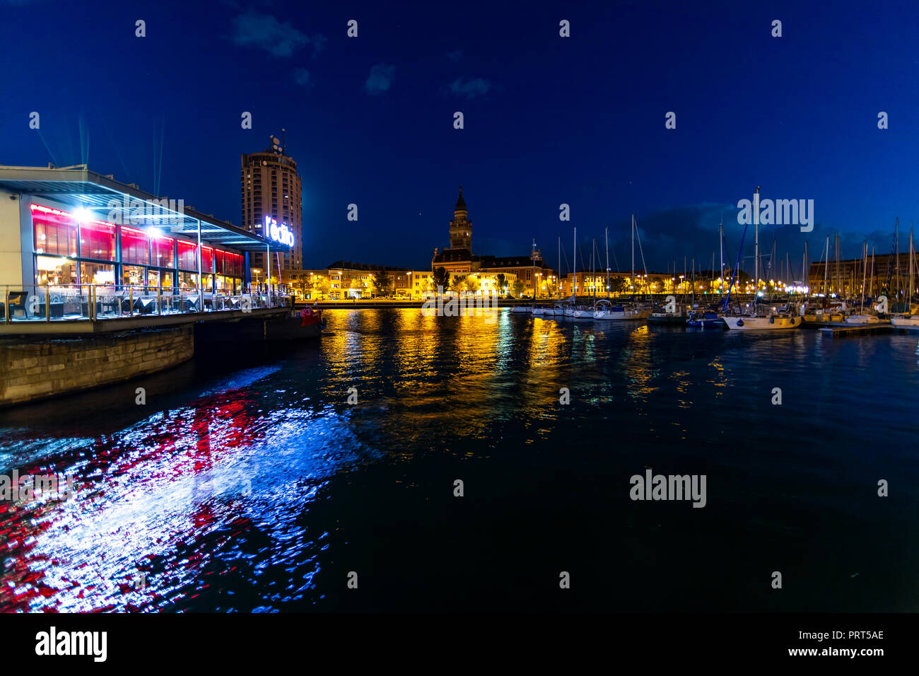 Dunkirk marina and Restaurant l'Édito at night, Dunkirk, France Stock ...