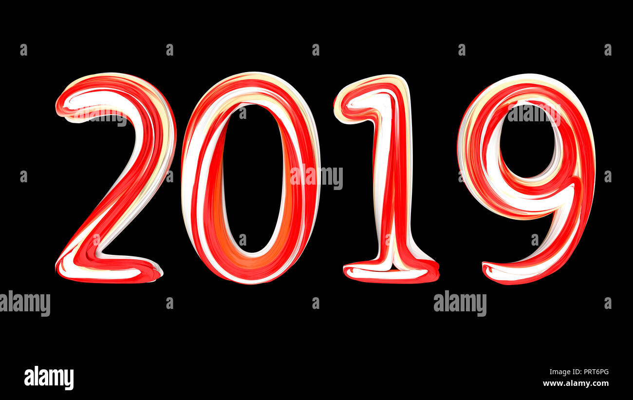 Candy text 2019 on black background. Brushstroke red-white text of 2019 ...
