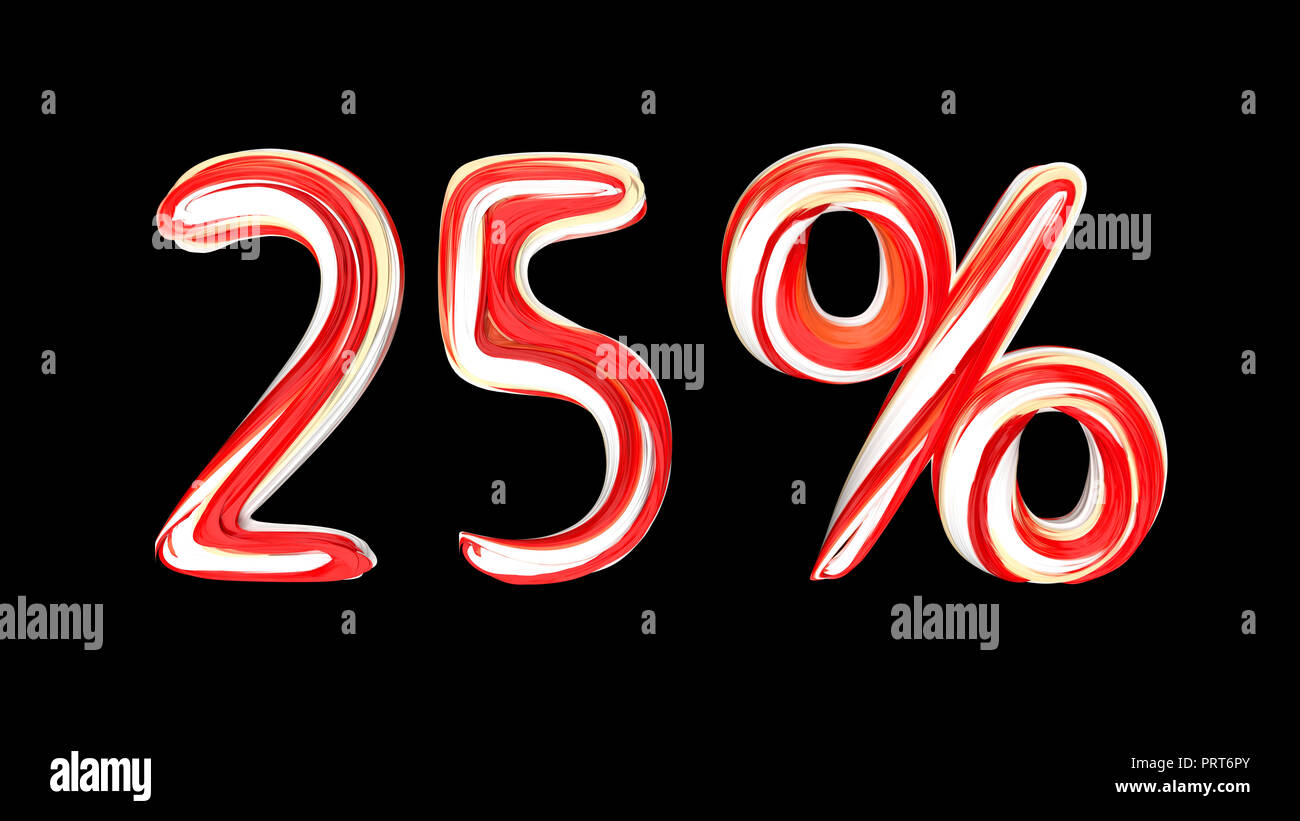 Candy text 25 % on black background. Brushstroke red-white text of 25 ...