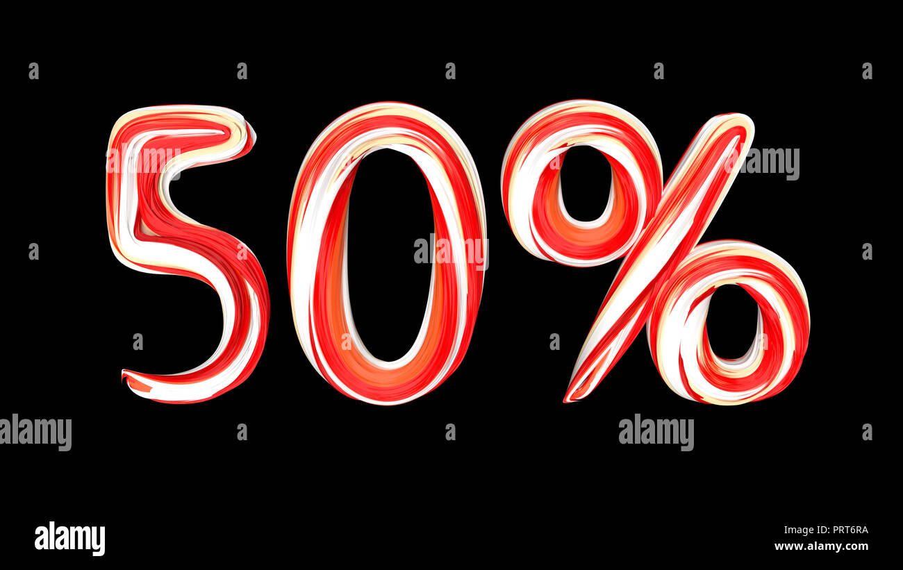 Candy text 50 % on black background. Brushstroke red-white text of 50 ...