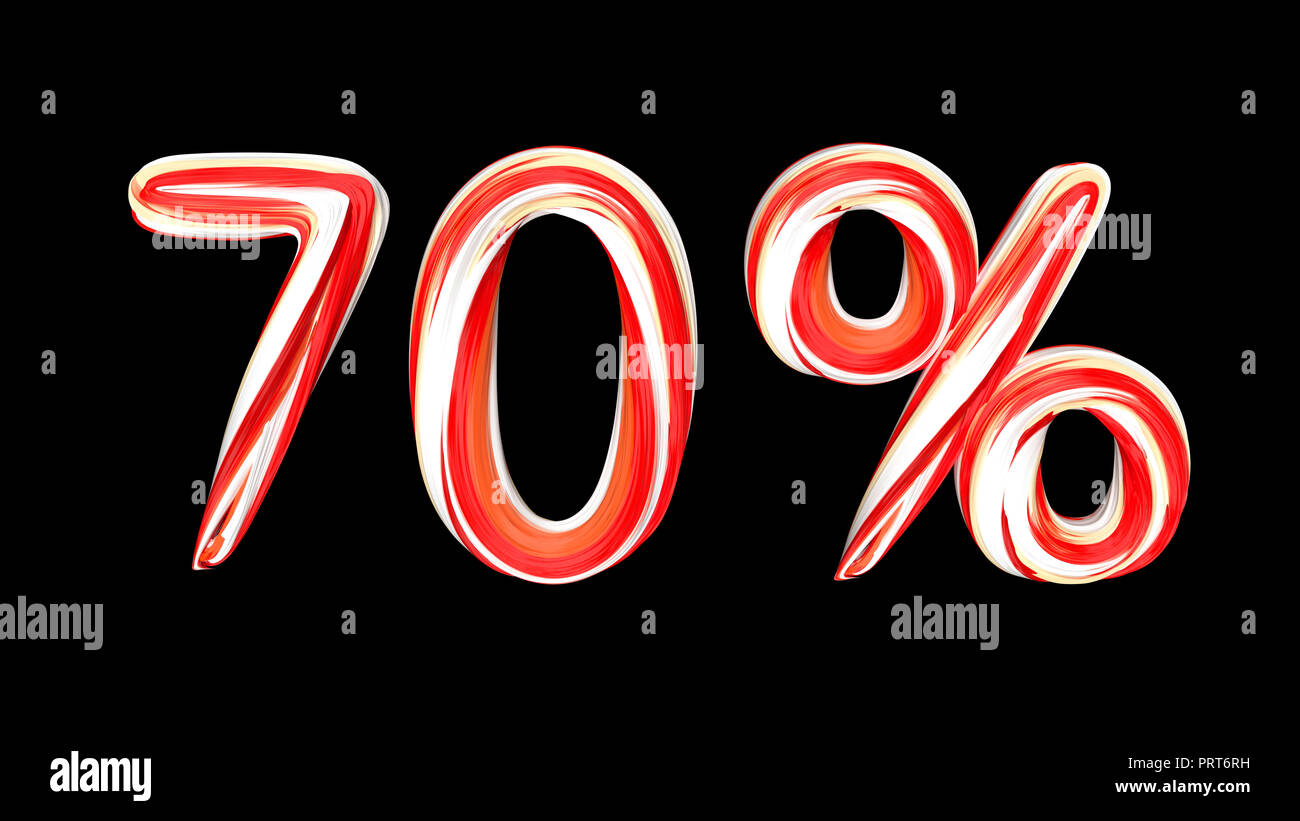 Candy text 70 % on black background. Brushstroke red-white text of 70 ...