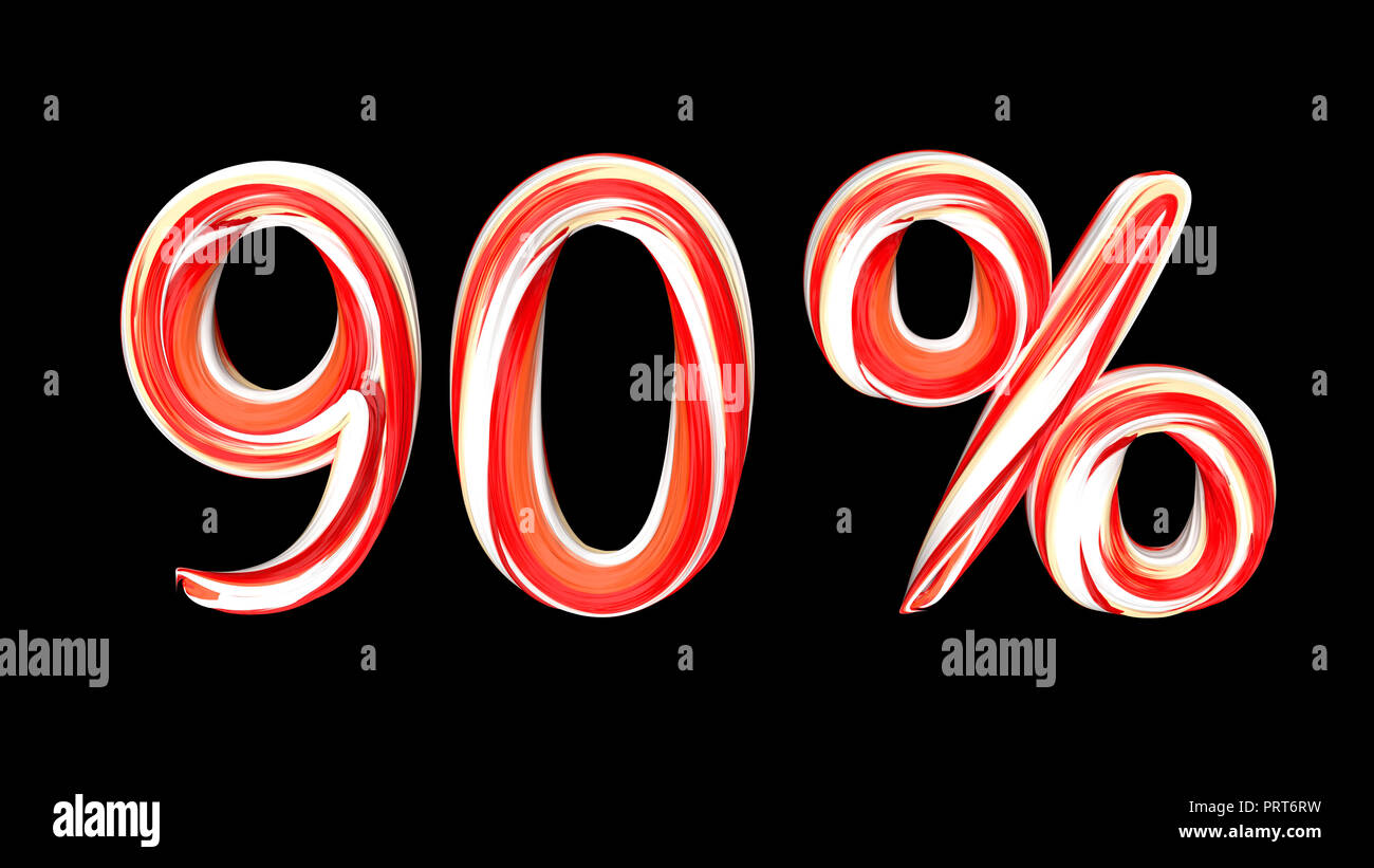 Candy text 90 % on black background. Brushstroke red-white text of 90 ...