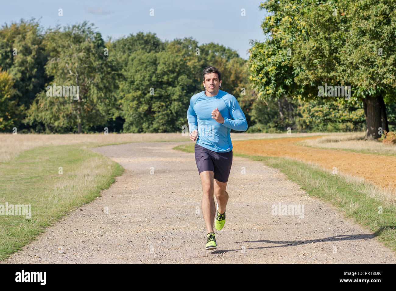 Attractive Man Jogging in the Park. Personal Trainer running and doing ...