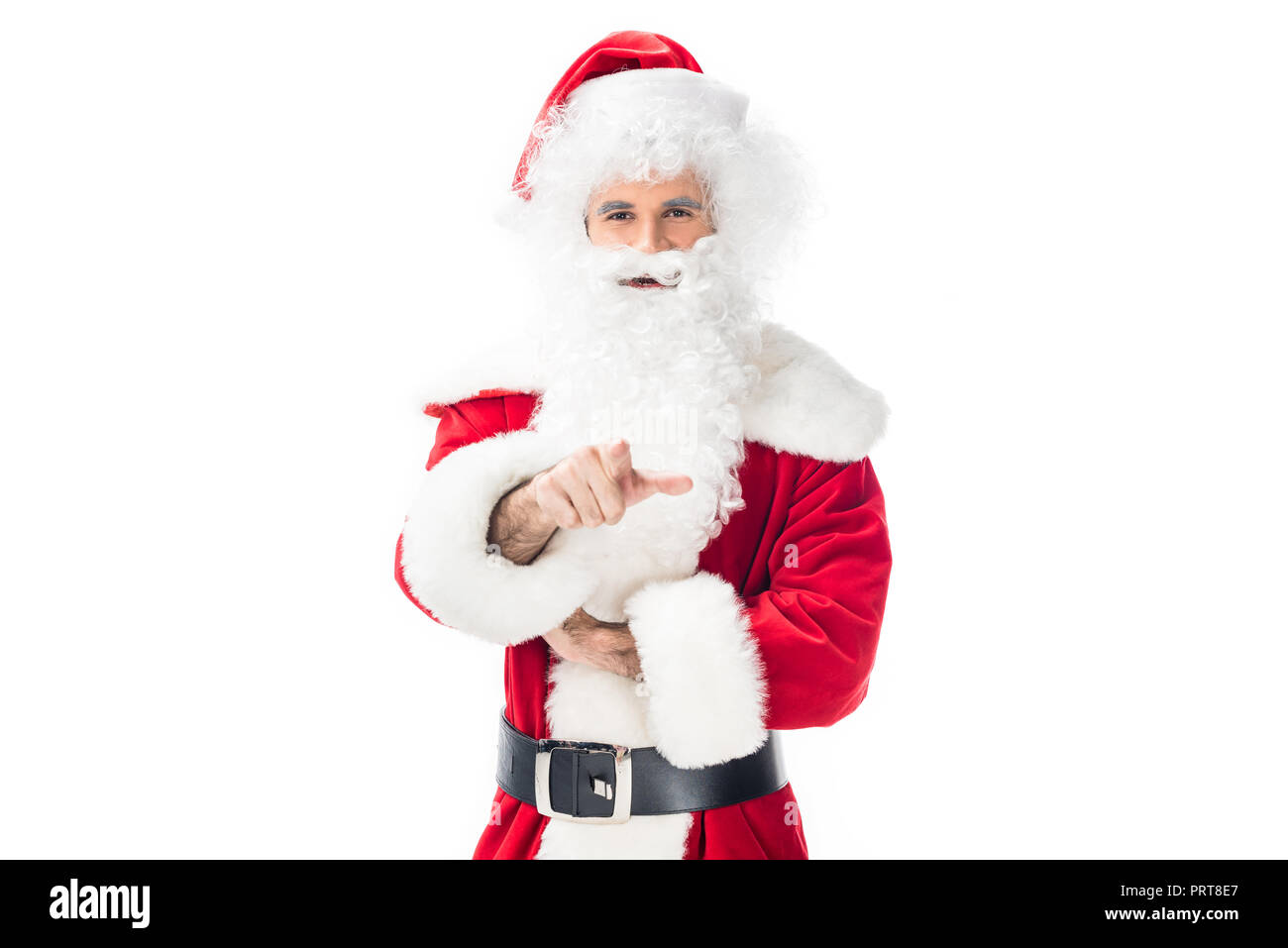 cheerful santa claus pointing at camera by finger isolated on white ...