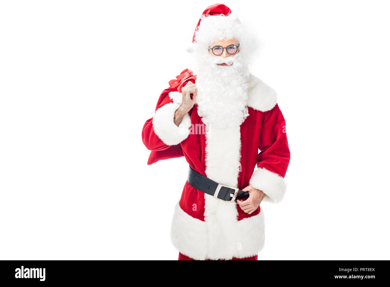 happy santa claus in eyeglasses holding christmas sack over shoulder ...