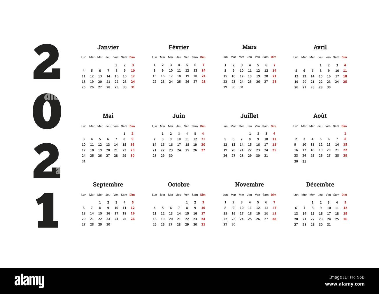 2021 year simple calendar on french language, isolated on white Stock ... 2021 year simple calendar on french language, isolated on white Stock ...