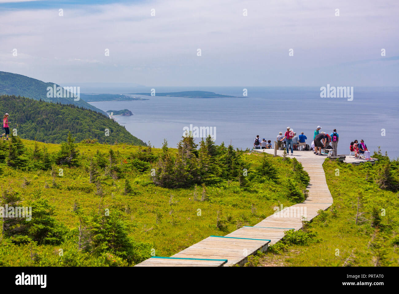 CAPE BRETON, NOVA SCOTIA, CANADA - Hikers on boardwalk on Skyline Trail in Cape Breton Highlands ...