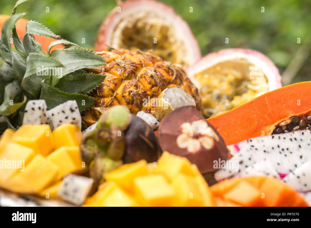 Exotic fruit close-up on tray concept of healthy eating Stock Photo - Alamy