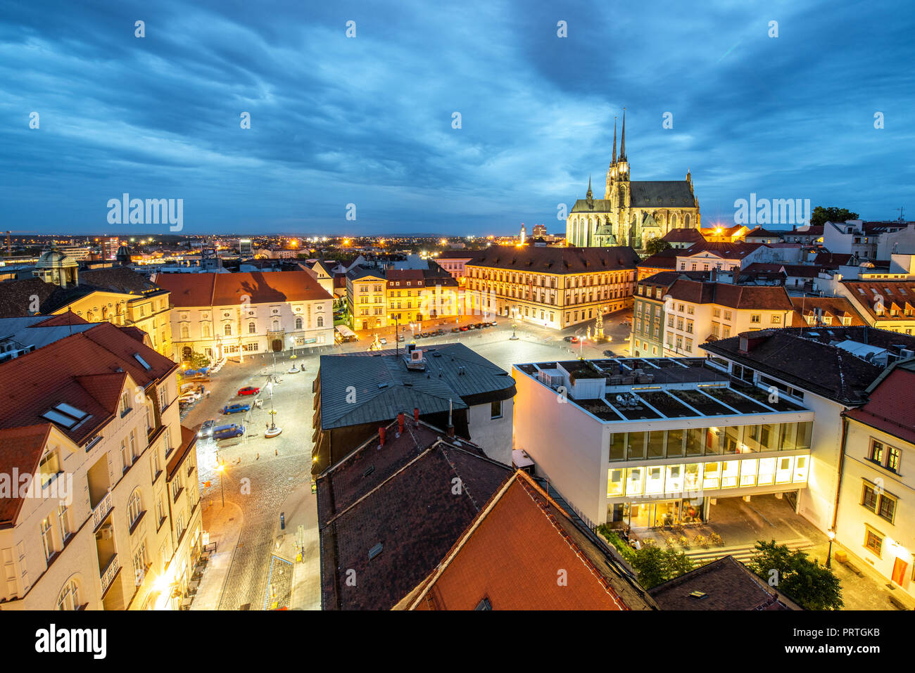 Night cityscape view on the old town with famous cathedral in Brno city ...