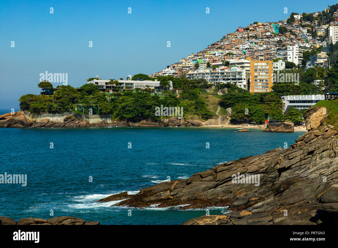 Social contrast. Vidigal district and luxury hotel, slum (favela) and ...