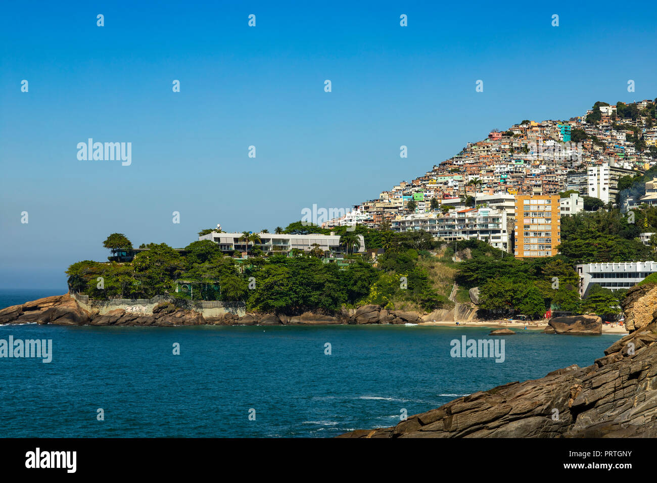 Social contrast. Vidigal district and luxury hotel, slum (favela) and ...