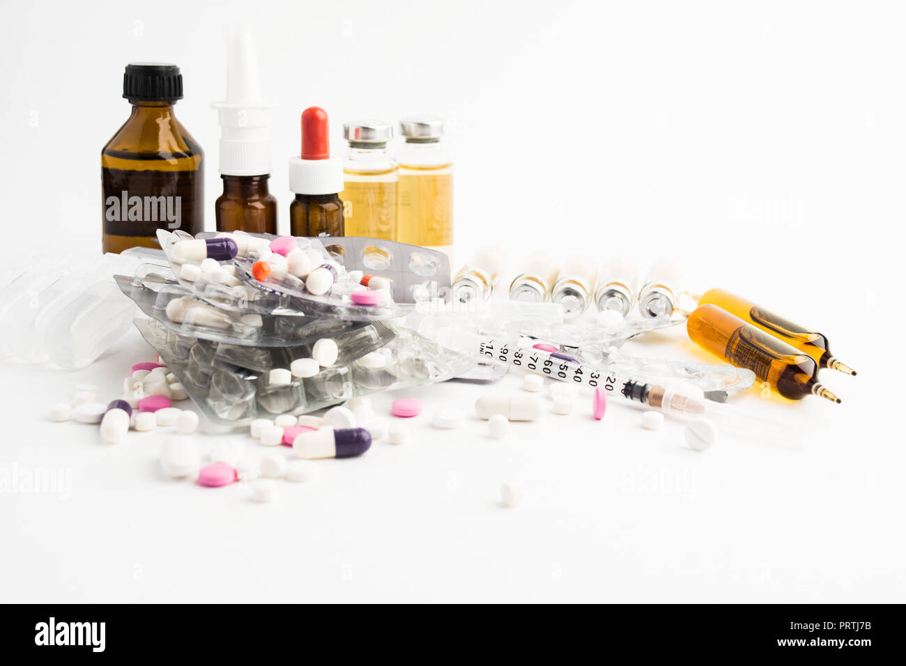 Different medical drugs on white background, selective focus Stock ...