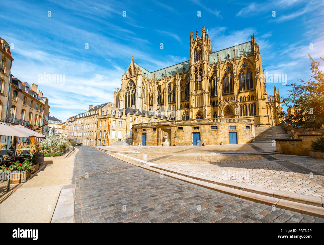 Street view on the central square with famous cathedral in Metz city in ...