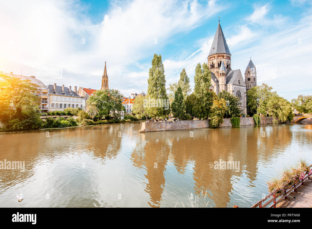 Landscape view on the riverside with Neuf basilica in Metz city in ...
