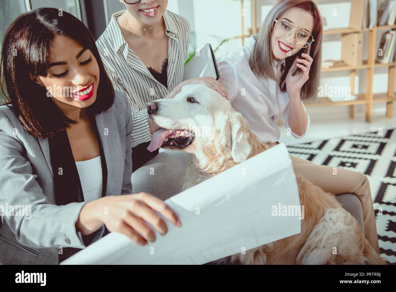 young multiethnic businesswomen in formal wear fooling around with dog ...