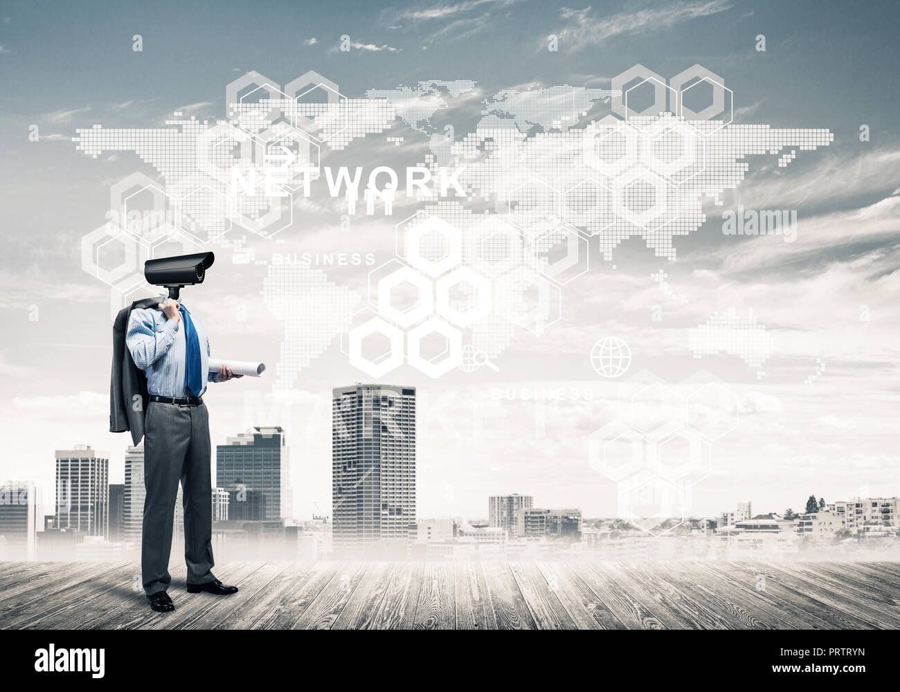 Camera headed man standing on wooden floor against modern citysc Stock ...