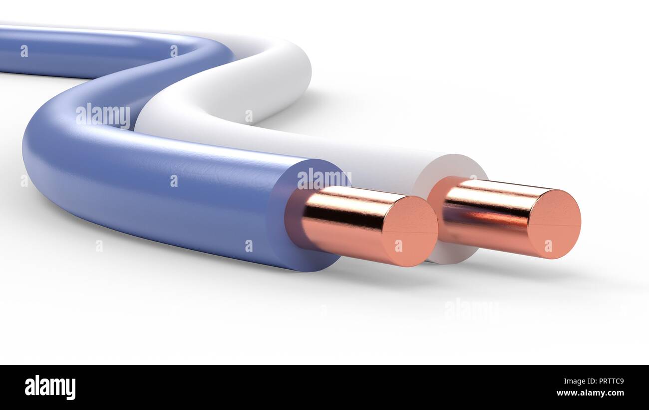 Pair of electrical cable wires with white and blue insulation isolated ...