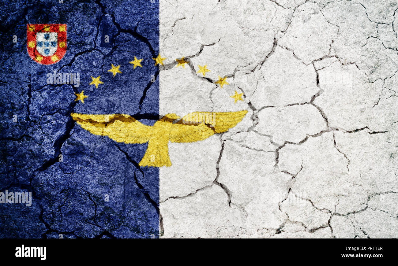Azores, autonomous region of Portugal, flag on dry earth ground texture ...