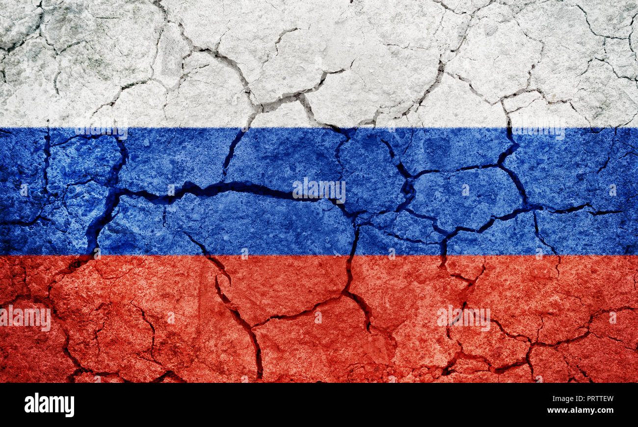 Russian Federation flag on dry earth ground texture background Stock ...